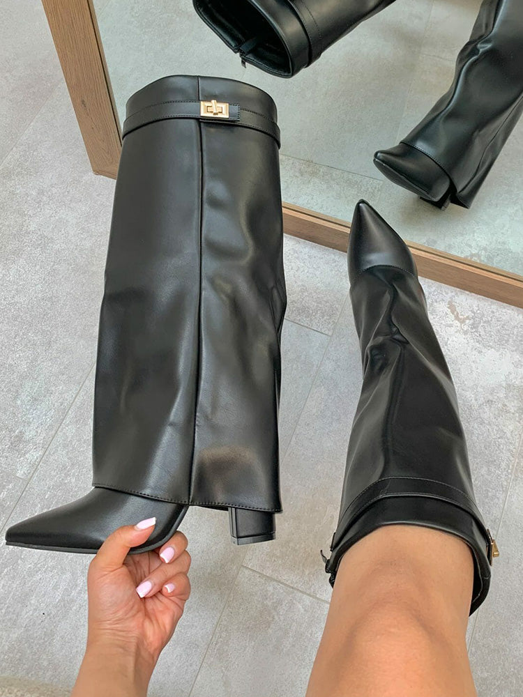 Fold Chunky Heel Knee High Boots – oreosquishy