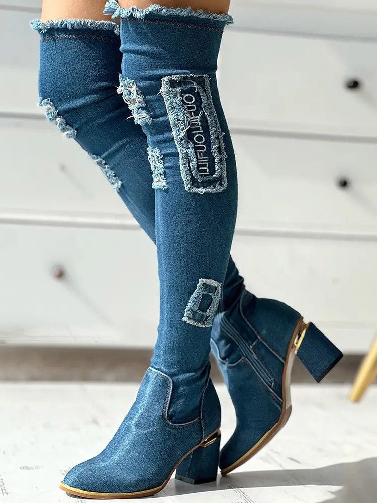 Ripped Over The Knee Denim Boots – oreosquishy